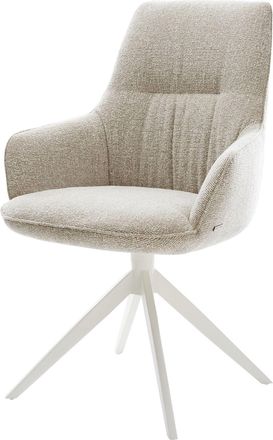 DELIFE Esszimmerstuhl Zelia-Flex mit Armlehnen Kreuzgestell breit Wei&szlig; Webstoff Soft Beige 360&deg; drehbar Wippfunktion Taschenfederkern