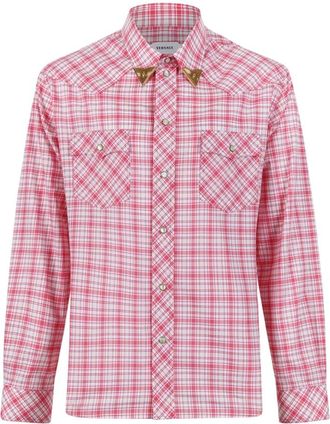 Versace Homme, Chemises, Rose, Taille: XL Checked Cotton-Poplin Slim Shirt
