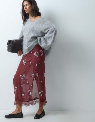 Asos jupe mi-longue orn&eacute;e de dentelle bordeaux-Rouge