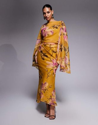 Asos Robe drap&eacute;e longueur mollet &agrave; manches kimono et dos ouvert - Jaune fleuri-multicolore