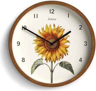 Jones Clocks Horloge Murale | Horloge Ronde Moderne avec Illustration Florale | 25cm | Faux Bois | Id&eacute;al pour la Cuisine, Le Salon ou Le Bureau