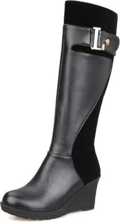 Generic Noir,38 EU,Bottes Hautes pour Femmes, Bout Rond, Talon compensé, Bottes Longues, Mode Colorblock, Chaussures habillées Automne-Hiver avec Fermeture éc