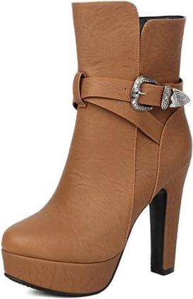 Generic Bottines tendance pour femme avec sangle &agrave; boucle, bout rond, talons &eacute;pais, fermeture &eacute;clair lat&eacute;rale, chaussures dhiver d&eacute;contract&eacute;es polyvalentes, m