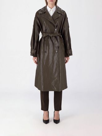 Eleh Langer zweireihiger Trenchcoat aus Kunstleder mit G&uuml;rtel