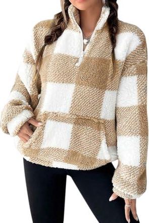 Onsoyours Sweatshirt Femme Automne Hiver Chaud Polaire Doux Peluche Pull avec Zipp&eacute;e D&eacute;contract&eacute; Haut L&eacute;g&egrave;re Manches Longues &Agrave; Carreaux Sweat Pullover Oversize 