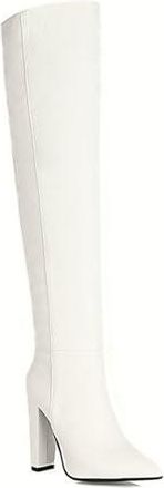 Generic Blanc,43 EU,Bottes Hautes en Daim Extensibles pour Femmes, Cuissardes au-Dessus du Genou, Talons épais, Bout Pointu, à Enfiler, Style Mollet Large, Bo