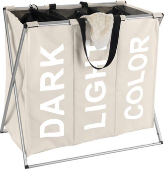 WENKO W&auml;schesammler Trio, W&auml;schekorb 3 F&auml;cher, mit Tragegriffen, Aluminium-Gestell, faltbar, 130 Liter Volumen, (B x H x T): 63 x 57 x 38 cm, Beige