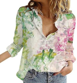 Generic Chemise Coton Et Lin Femme Éte Chemisier Col V avec Bouton Manches Longues Décontractés Tops Fleurs Lâche Respirant Tee Shirt Grandes Tailles Casual C