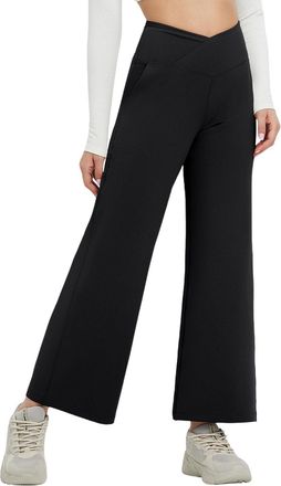 Baleaf Weite Hose Damen Yogahose mit Taschen Stoffhose Hohe Taille Jogginghose Straighthose Bauchkontrolle Schlaghose Sporthose Petite Schwarz XXL