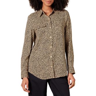 Amazon Essentials Damen Lang&auml;rmliges Hemd aus Georgette mit Taschen und lockerer Passform, Taupe Leopardenmuster, XXL