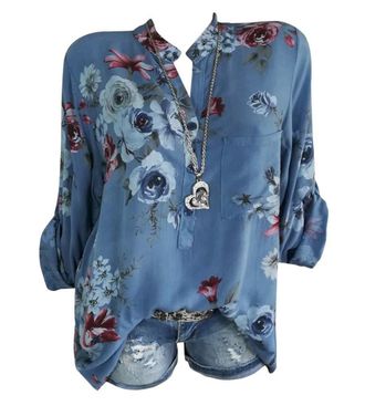 Minetom Damen Vintage Bohemian Blusen Boho Tunika Hippie Blumen Bluse Elegante Oberteile Tops Langarm Shirt 001 Blau 50
