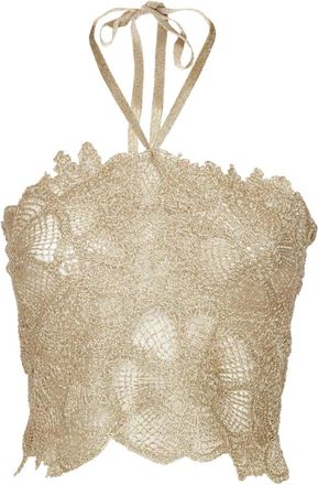 Simona Corsellini Femme, Tops, Beige, Taille: 38 FR Top ricamo crochet lurex annodato al collo