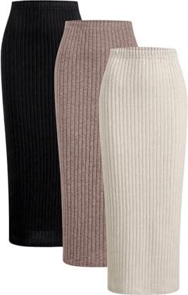 SOLY HUX Lot de 3 jupes en tricot basique pour femme - Jupe longue - Jupe crayon - Jupe moulante - Jupe dautomne - Jupe de loisirs, Beige, multicolore., XL