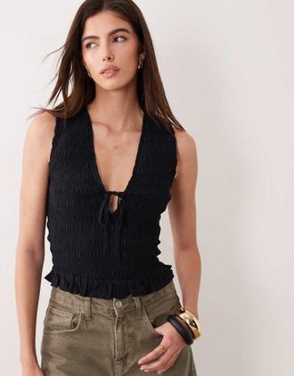 Abercrombie & Fitch Top fronc&eacute; &agrave; col V - Noir