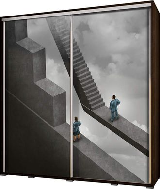 Selsey ABSTRAKTE TREPPE - Kleiderschrank 2-t&uuml;rig Schiebet&uuml;ren mit Motiv Abstrakte Treppe 205cm (Korpus in dunkler Holzoptik/Wenge matt)