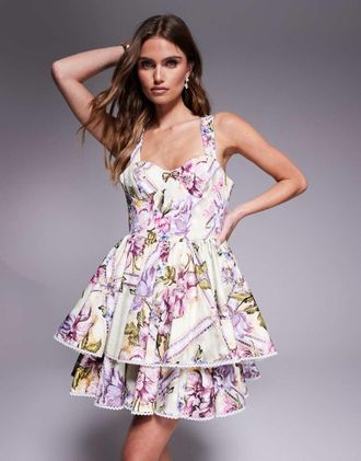 Asos Robe patineuse courte en satin et coton avec noeud doré et imprimé mosaïque fleuri-Multicolore