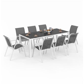 IDMarket Salon de jardin MADRID table 190 CM et 8 chaises empilables blanc et gris