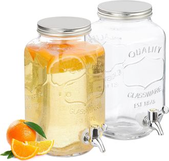 Relaxdays Getränkespender 2er Set, Limobehälter 3,5 l, Zapfhahn & Deckel, Wasserspender, Glas & Kunststoff, transparent
