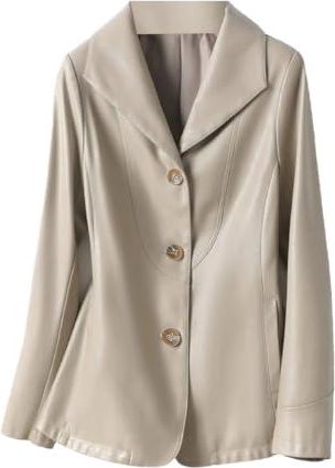 Generic Manteau en peau de mouton pour femme avec col rabattable, veste blazer en cuir v&eacute;ritable &agrave; simple boutonnage, beige, L