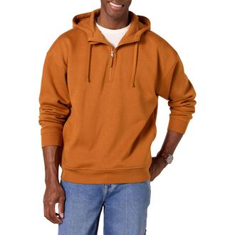 Amazon Essentials Mens Quarter-Zip Oversized Fit Hoodie Sweatshirt, Caramel, X-Small