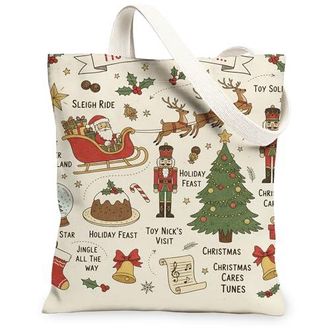 Generic Sacs fourre-tout en toile de No&euml;l, design festif vintage, sacs de courses r&eacute;utilisables, l&eacute;gers et lavables avec bandouli&egrave;re, cr&egrave;me, 13x15 Inch