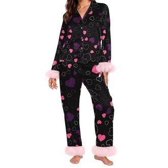 Generic Ensemble de pyjama en satin pour femme - V&ecirc;tement de nuit imprim&eacute; coeur - Haut et pantalon boutonn&eacute;s - Tenue 2 pi&egrave;ces - Pyjama en soie doux et confort
