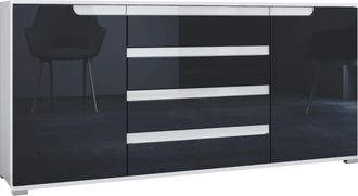 Vladon Sideboard Sylt V2, Kommode mit 2 Türen und 4 Schubladen, Korpus - Weiß matt/Front - Schwarz Hochglanz/Absetzung - Weiß Hochglanz (166,5 x 75,5 x 35 cm