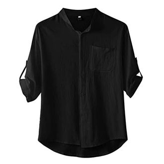 Generic Chemise d&eacute;t&eacute; en coton et lin pour homme - Col rabattu - D&eacute;contract&eacute; - Solide - Manches mi-longues - Chemisier en coton - Chemise tendance - Coupe r&eacute;gu
