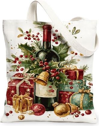 Generic Sacs fourre-tout en toile de houx de No&euml;l, sacs d&eacute;picerie r&eacute;utilisables, l&eacute;gers et lavables avec bandouli&egrave;re en toile, Blanc, 13x15 Inch