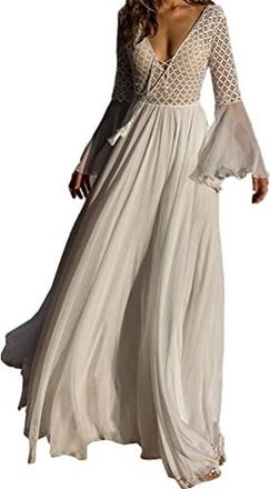 Minetom Robe Maxi Longue Femme Élégant Robe de Soiree Party Plage Boho Grande Taille Dentelle Col V Manches Longues Sundress A Blanc XL