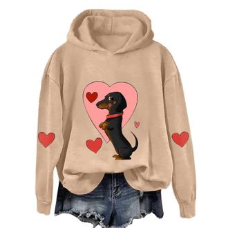 Generic Valentinstag Kapuzenpullover f&uuml;r Damen S&uuml;&szlig;er Dackel Hund Print Pullover Casual Sweatshirt mit Kapuze Bequeme Langarmshirt Festliche Oberteile L&auml;ssiger