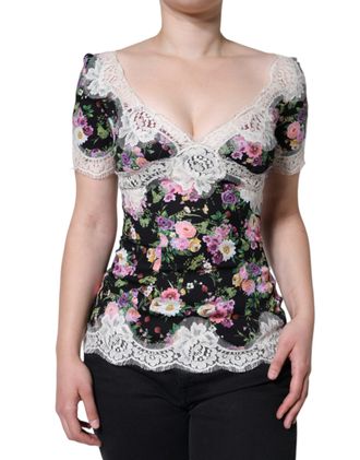 Dolce & Gabbana Womens Black Floral Lace Short Sleeves Blouse Top Silk Cotton Nylon Elastane