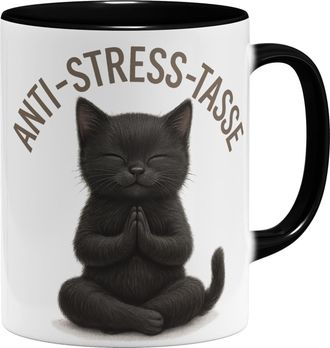 OM3 schwarzes K&auml;tzchen Anti-Stress Kaffee-Tasse mit Spruch - lustige Keramiktasse Namaste-Motiv - Meditation Katze - Keramik Becher - 325ml - Beidseitig B