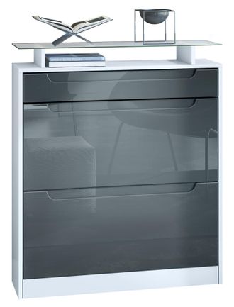 Vladon Schuhschrank Fiesta, Wei&szlig; matt/Grau Hochglanz/Grau Hochglanz Schuhkipper f&uuml;r 16 Paar Schuhe mit 2 Klappen (89 x 104 x 23 cm)