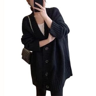 Generic Cardigan en tricot uni pour femme - Col en V - Simple boutonnage - &Eacute;l&eacute;gant et d&eacute;contract&eacute; - Pour lhiver, Noir/blanc, taille unique