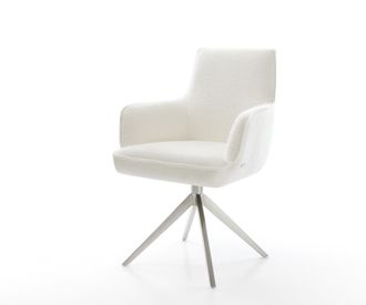 DELIFE Drehstuhl Heira-Flex mit Armlehnen Boucl&eacute; Soft Beige Kreuzgestell breit Edelstahl 360&deg; drehbar Wippfunktion Taschenfederkern, Esszimmerst&uuml;hle