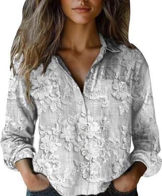 Generico Chemise Femme d&Eacute;t&eacute; D&eacute;contract&eacute; &agrave; Manches Longues Blouse Coton Et Lin Curvy Respirant Chemisier Col en V L&eacute;ger T Shirt Vintage Fantaisie avec Boutons C