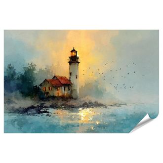 Islandburner Poster Leuchtturm an der K&uuml;ste im warmen Licht - Standard