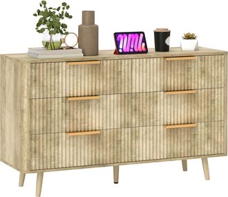 HOMCOM Kommode 6 Schubladen Aufbewahrungsm&ouml;bel skandinavischer Stil mit Griffen und F&uuml;&szlig;en aus Kiefer, Holz mit Riffeloptik, Kommode Schlafzimmer, Wohnzimmer,