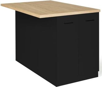 IDMarket Ilot central IVO 120 cm bois noir avec plan de travail fa&ccedil;on h&ecirc;tre