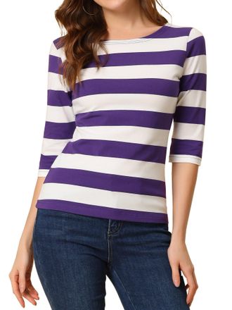 Allegra K Damen Gestreiftes Shirt U Boot Ausschnitt Halbarm Party Ferien Streifen Top Bluse Lila Wei&szlig; L