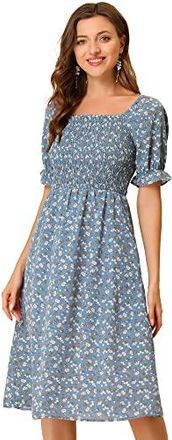 Allegra K Femmes Robe Mi-Longue Fleurs Smocks Encolure Carrée Bleu Gris Fleur XS