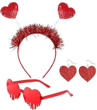 Generic Lot de 3 accessoires pour la Saint-Valentin 2026 avec bandeau en soie et lunettes &agrave; paillettes rouges, Rouge, Taille unique