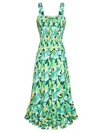 Grace Karin Robe longue dété à bretelles florales pour femme, col carré, ourlet double couche, smocké, Motif jaune et vert, M