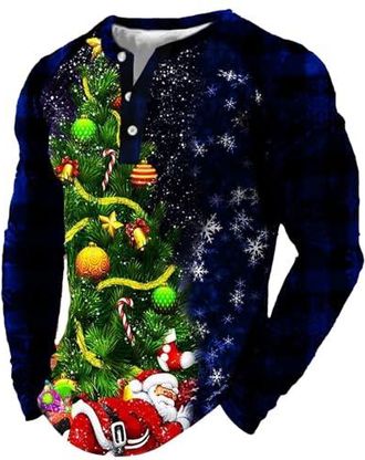 Generic T-shirt de No&euml;l pour homme - Polo de No&euml;l amusant &agrave; manches longues - Chemise de No&euml;l tendance avec 1/4 boutons - Col rond - V&ecirc;tement de No&euml;l avec imp
