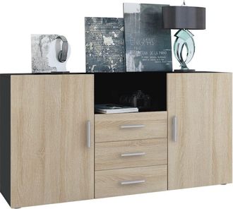 Vladon Sideboard Skadu, Kommode mit 2 Türen, 3 Schubladen und 1 offenem Fach, Schwarz matt/Eiche sägerau (138,5 x 71,5 x 35 cm)