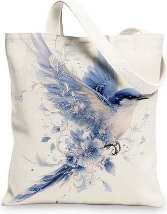 Generic Blue Bird Sac fourre-tout en toile réutilisable Motif floral 33 x 38 cm