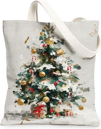 Generic Sacs fourre-tout en toile motif sapin de No&euml;l, motifs festifs, sacs d&eacute;picerie r&eacute;utilisables, l&eacute;gers et lavables avec bandouli&egrave;re en toile pour shoppin