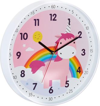 Relaxdays Einhorn Wanduhr, Ø 30 cm, Einhornuhr Kinder, mit Zahlen, Deko Kinderzimmer, Kinderuhr Wand, Kunststoff, bunt