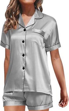 Generic Pyjama Femme Ensemble Court en Satin Sexy : Loungewear Femmes Ensemble &Eacute;t&eacute; avec Boutonni&egrave;re Manches Courtes Pyjama Shorts Soie Ensemble Pyjama Couleur